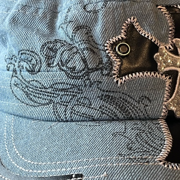Accessories | Light Blue Denim Cap With Leather Crosd | Poshmark